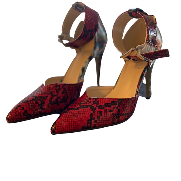 Shoes | New Amazing Heels Red Snake Skin With Flowers In Back | Poshmark